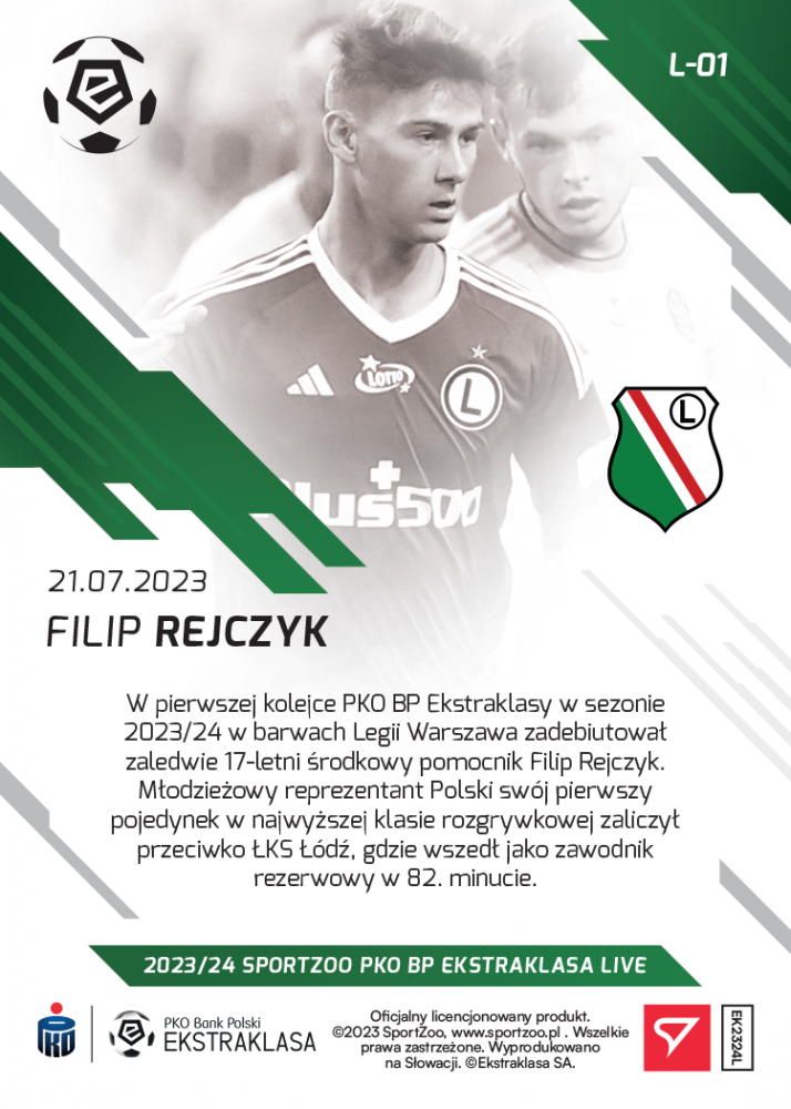 L-01 Filip Rejczyk PKO Bank Polski Ekstraklasa 2023/24 LIVE :: SportZoo
