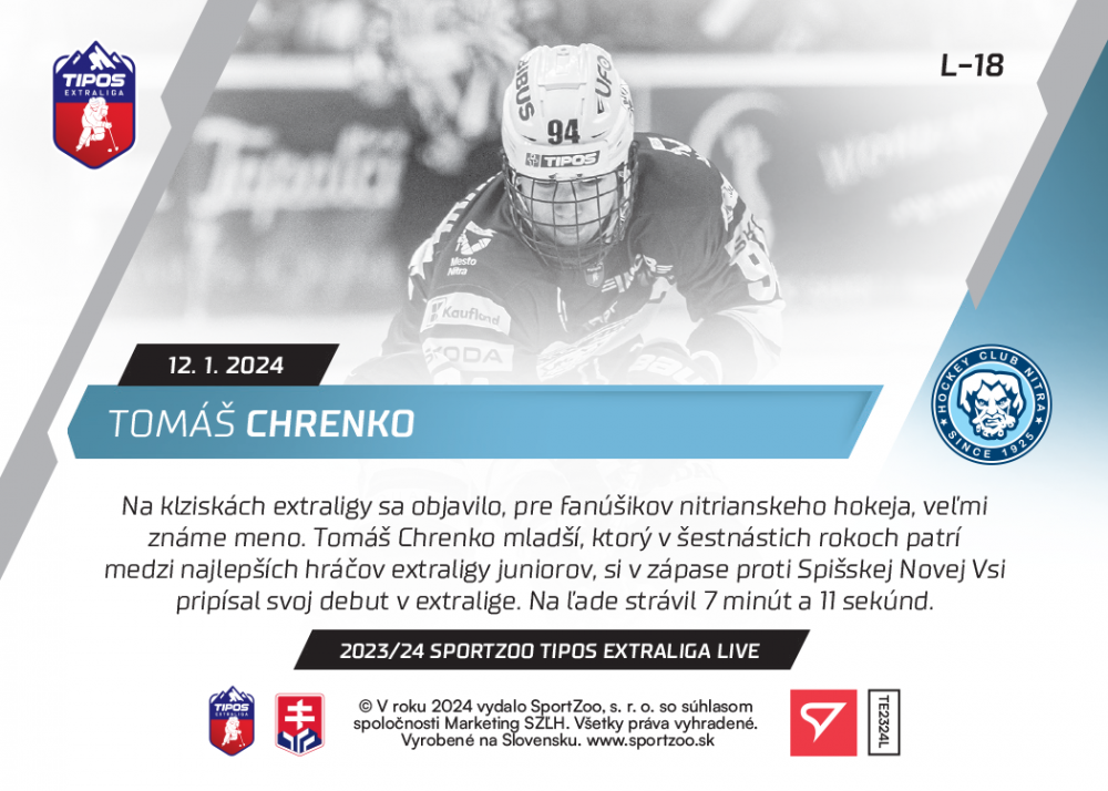 L-18 SADA Tomáš Chrenko TEL 2023/24 LIVE + HOLDER :: SportZoo